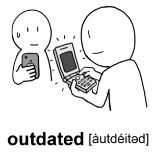 【イラスト】outdatedの意味、読み方-outdatedの反対語は？ | イラストと語呂合わせで覚える英単語